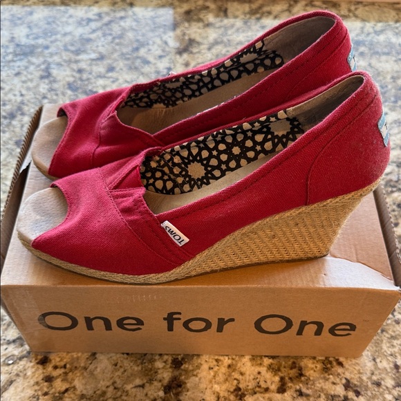 Toms | Shoes | Toms Red Peeptoe Wedges | Poshmark